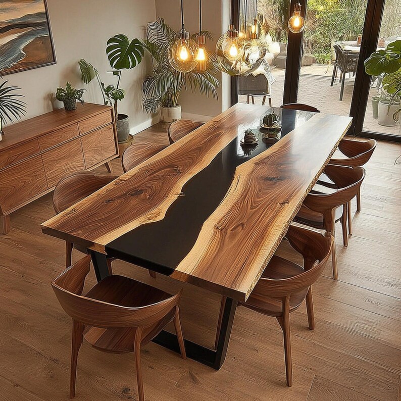 Custom Walnut Epoxy Dining Table, Live Edge Rustic Wood Furniture - Etsy