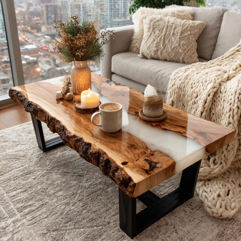 Handmade Walnut Epoxy Coffee Table, Live Edge Wood Slab Centerpiece - Etsy