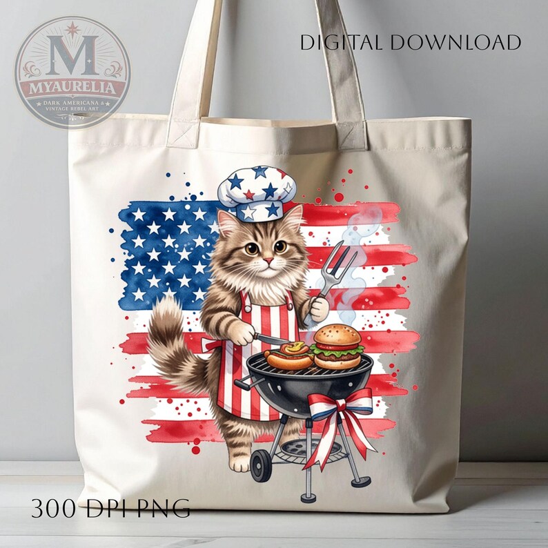 Patriotic Grilling Cat PNG, American Flag BBQ Design, 4th of July ...