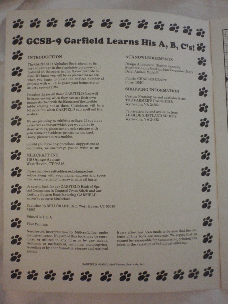 Garfield's Abc's Alphabet Cross Stitch Book Millcraft GCSB9 1987 - Etsy