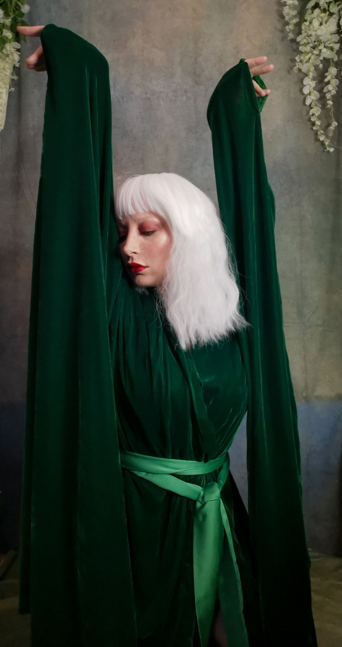 Emerald Green Velvet Robe With Kimono Style Dramatic Sleeves - Etsy