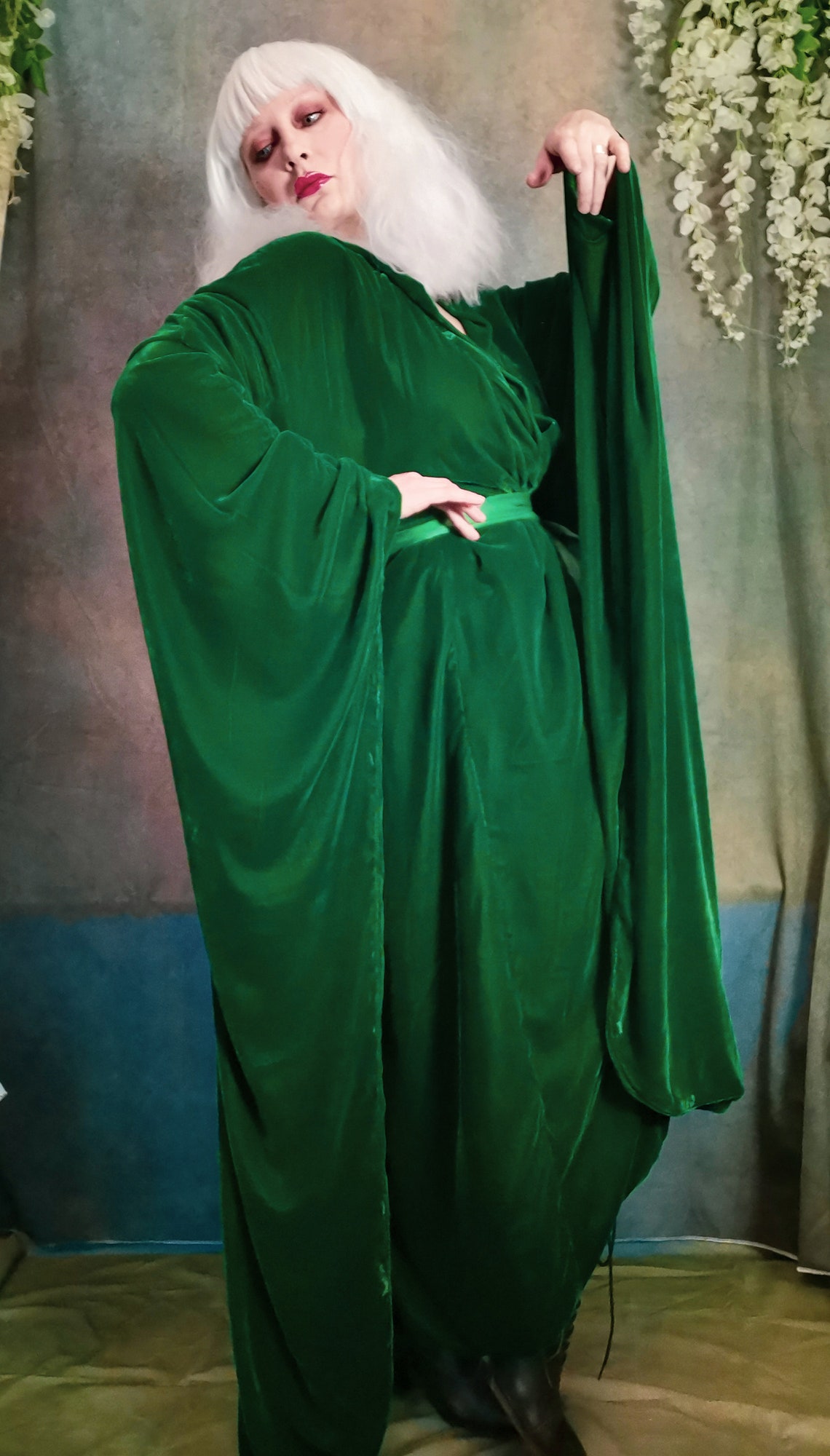 Emerald Green Velvet Robe With Kimono Style Dramatic Sleeves - Etsy