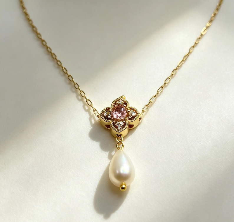 Gold Plated Four Leaf Clover Pearl Necklace, Pink CZ Choker, June ...