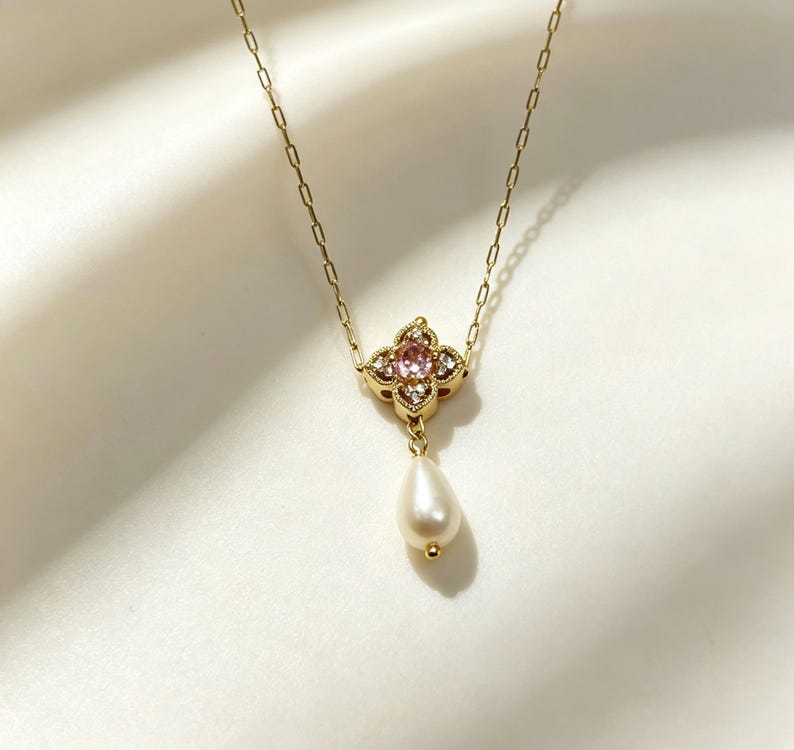 Gold Plated Four Leaf Clover Pearl Necklace, Pink CZ Choker, June ...