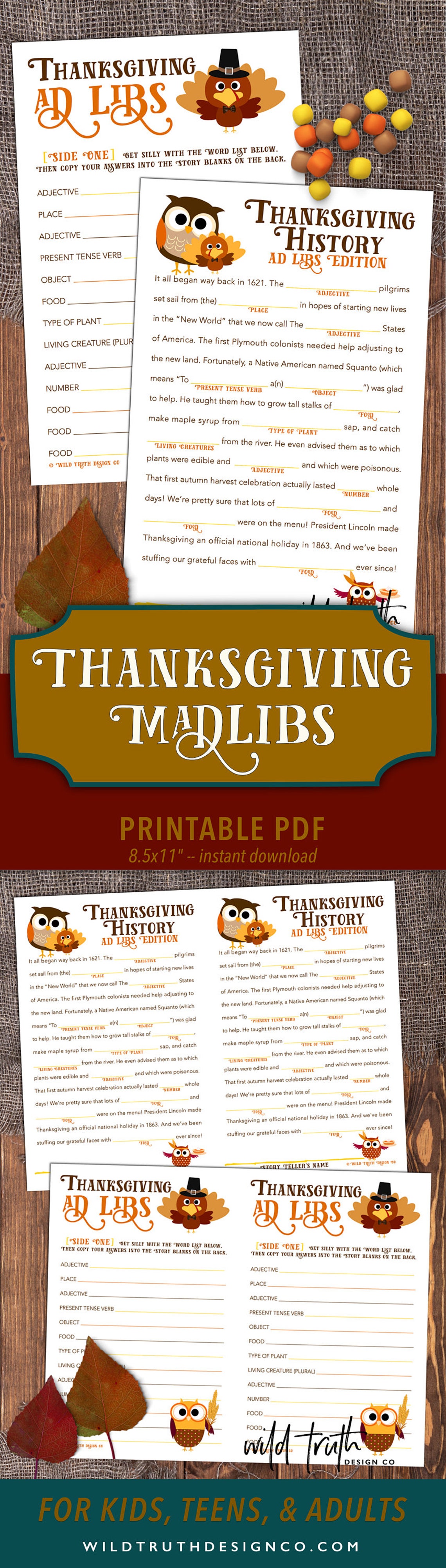 Thanksgiving Game History Mad Lib Dinner Party Kids Activity - Etsy