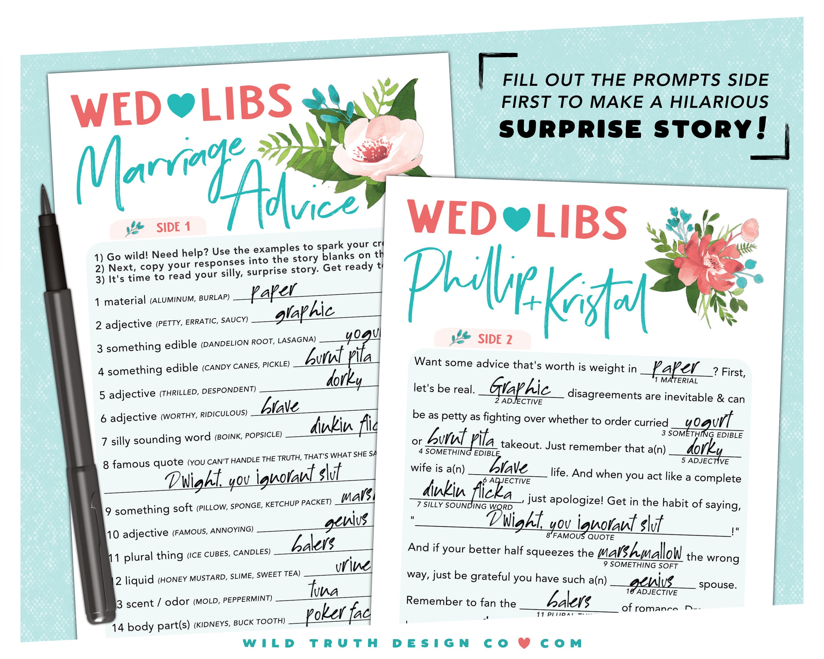 PERSONALIZED Funny Wedding Mad Lib Guest Book Marriage Advice Floral ...