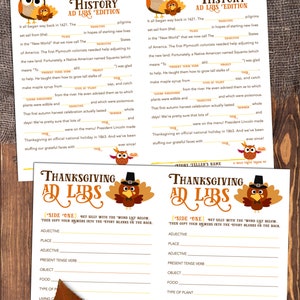 Thanksgiving Game - History Mad Lib - Dinner Party - Kids Activity - Etsy