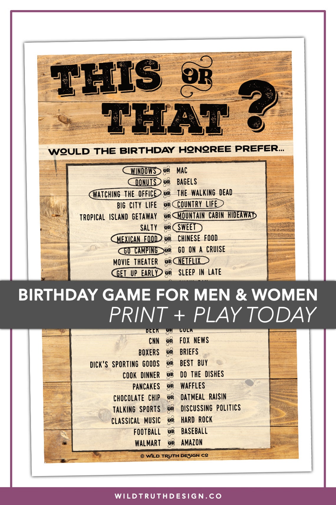 This or That Birthday Game for Adults - Men & Women - Would You Rather ...