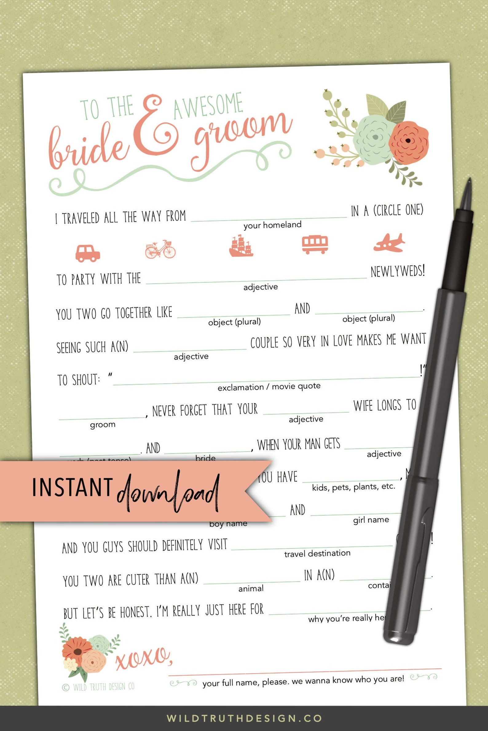 Wed Libs Bridal Shower Game & Wedding Guest Book Rehearsal Dinner Game ...