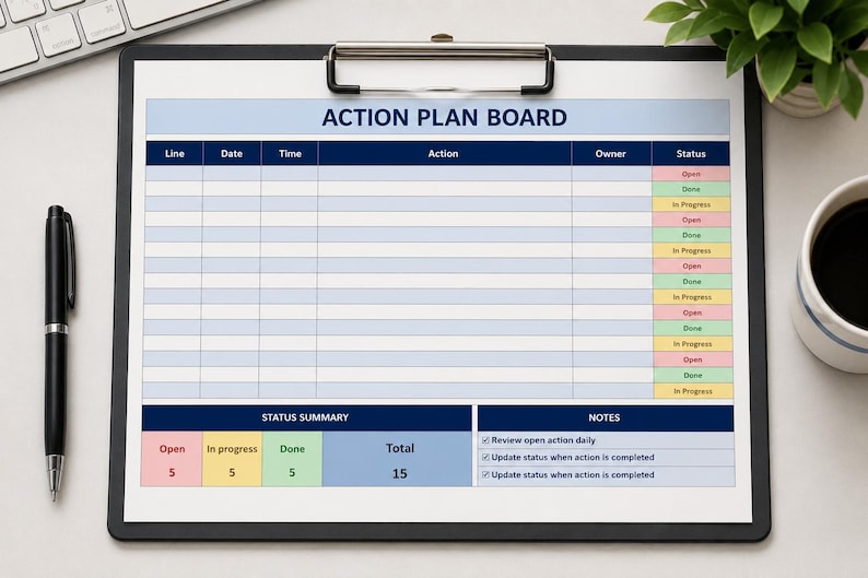 Daily Operation Meeting Action Plan Board | Manufacturing Excel Tracker ...