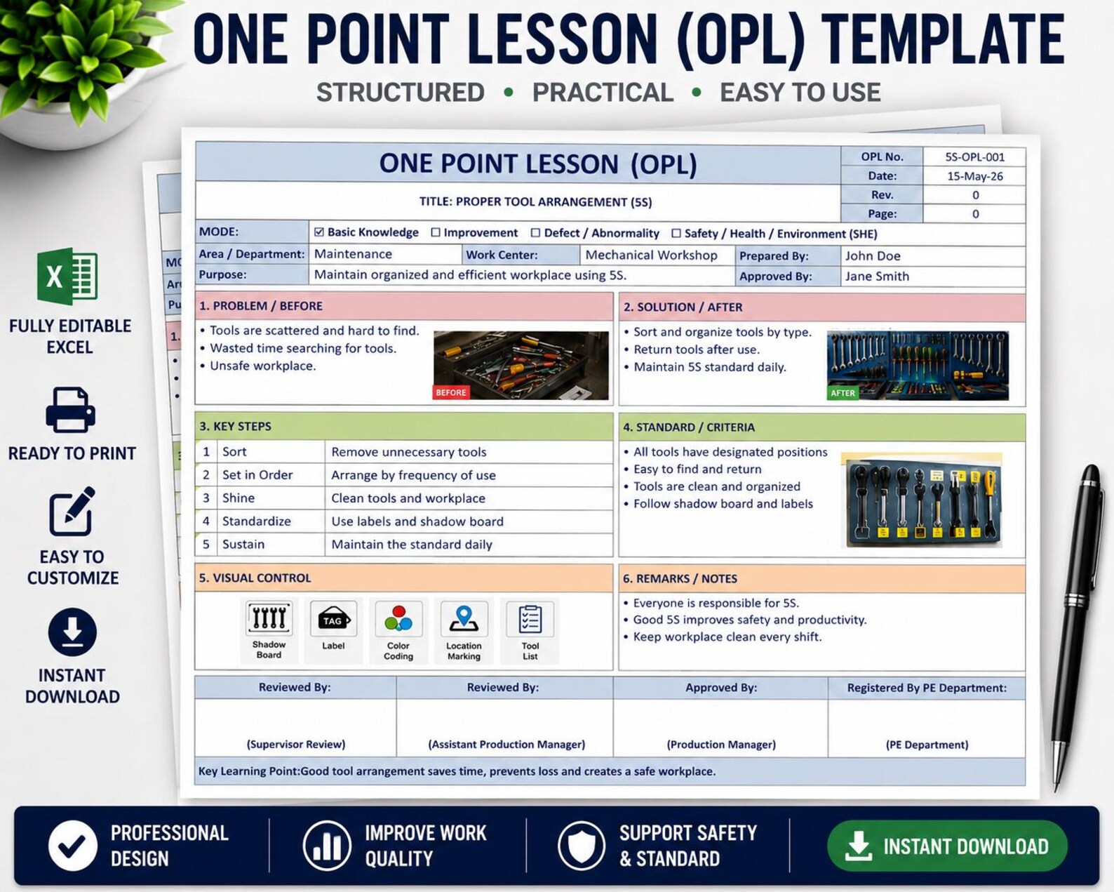 One Point Lesson Template | 5S, Safety, Quality Training Excel Form ...