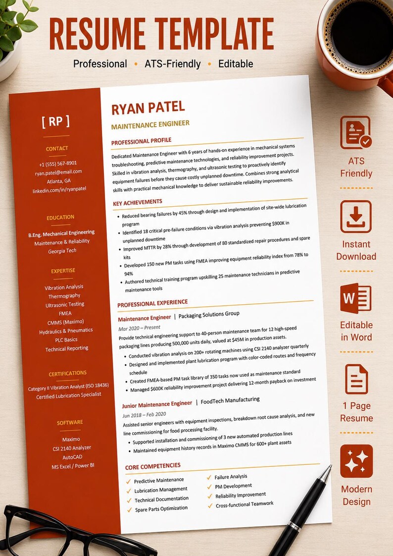 Maintenance Engineer Resume Template, ATS Friendly, Editable Word CV - Etsy