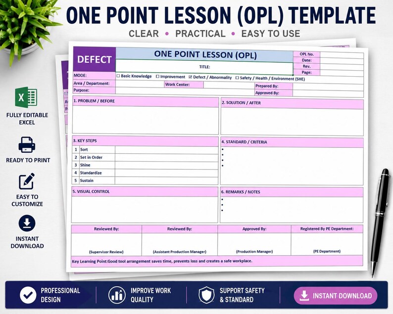 One Point Lesson Template | 5S, Safety, Quality Training Excel Form ...