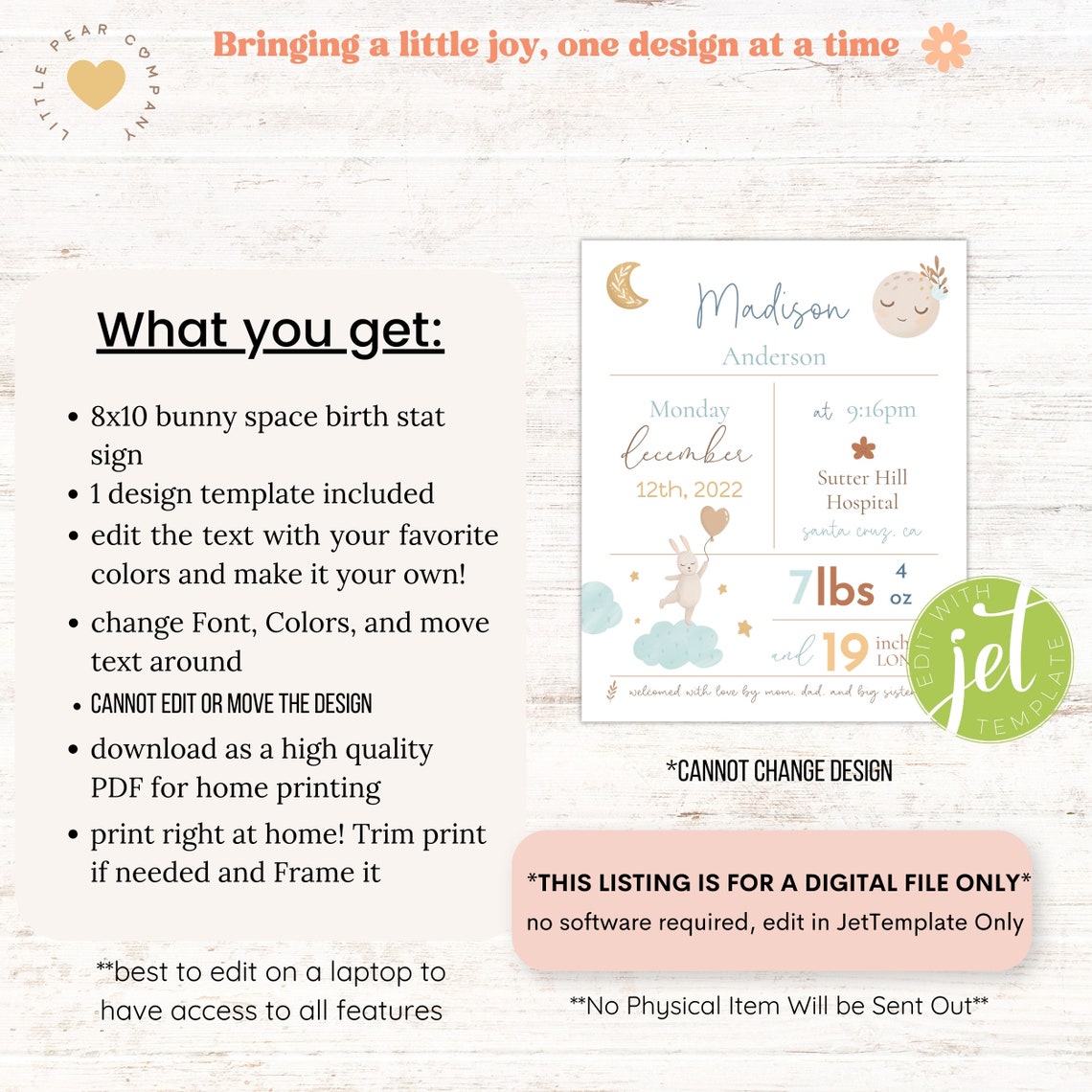Printable Bunny Baby Announcement Birth Information Stat Sign, Editable ...