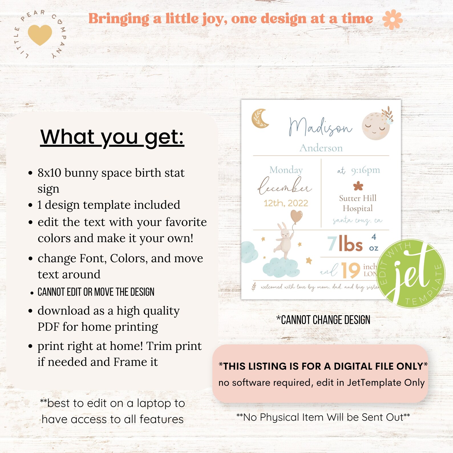 Printable Bunny Baby Announcement Birth Information Stat Sign, Editable ...