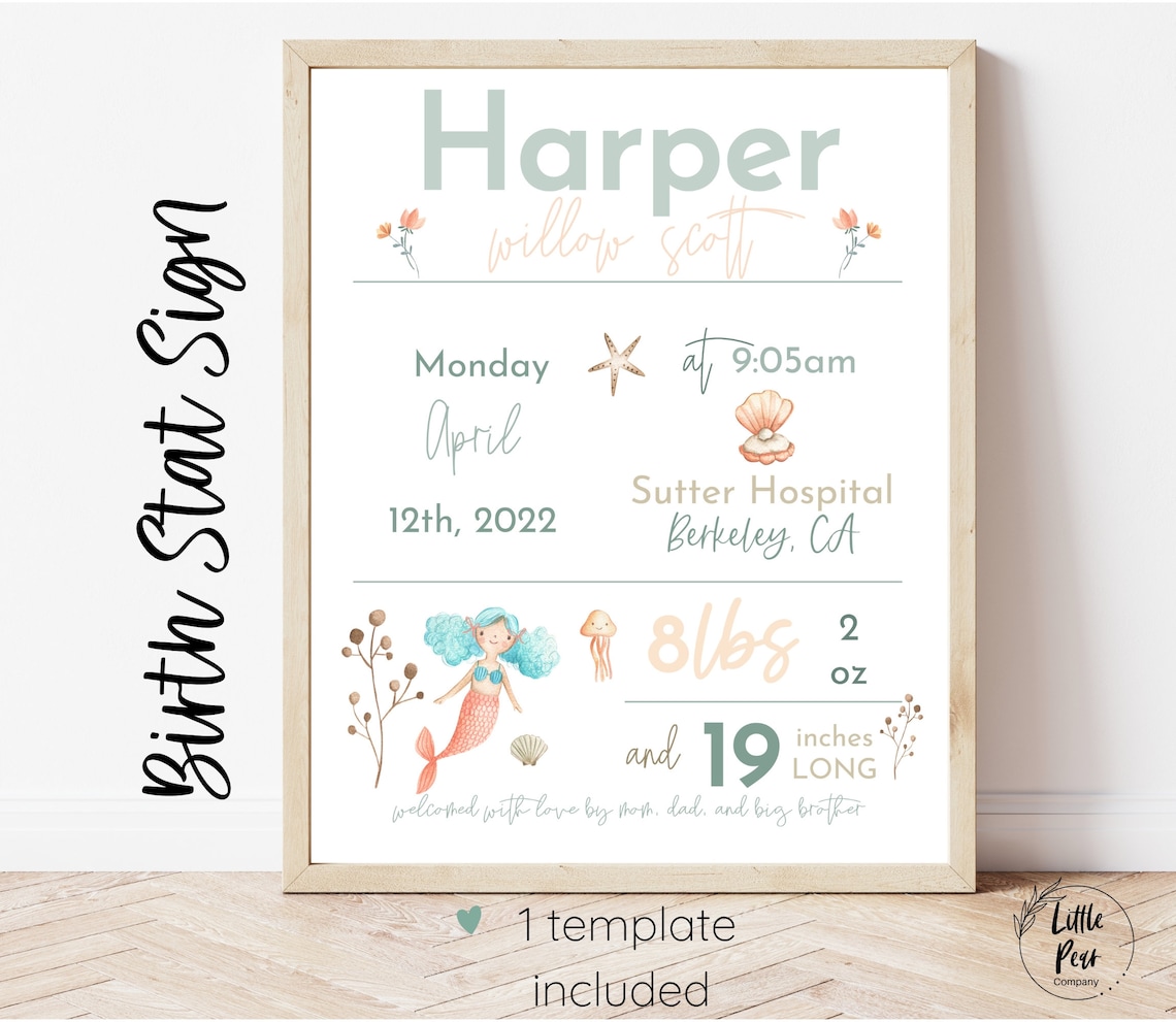 Mermaid Printable Birth Stat Sign, Mermaid Birth Info Stat Sign ...
