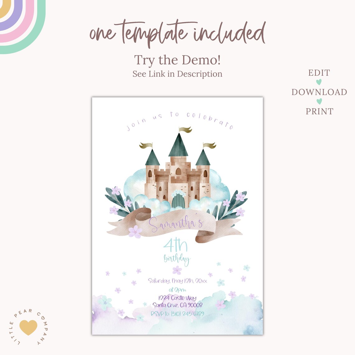 Castle Birthday Invitation, Printable Princess Party Invite, Editable ...
