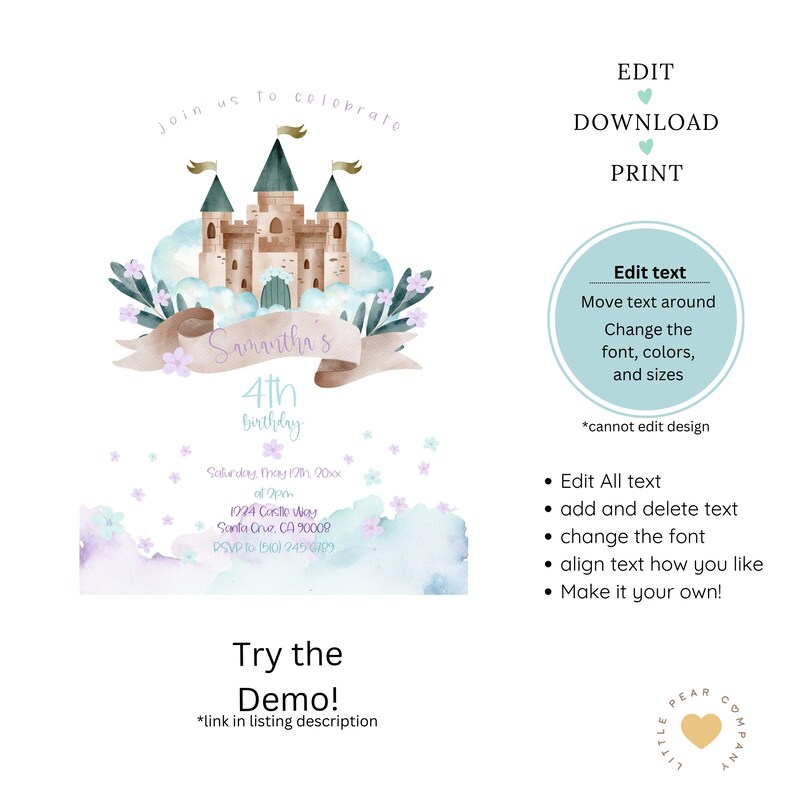 Castle Birthday Invitation, Printable Princess Party Invite, Editable ...