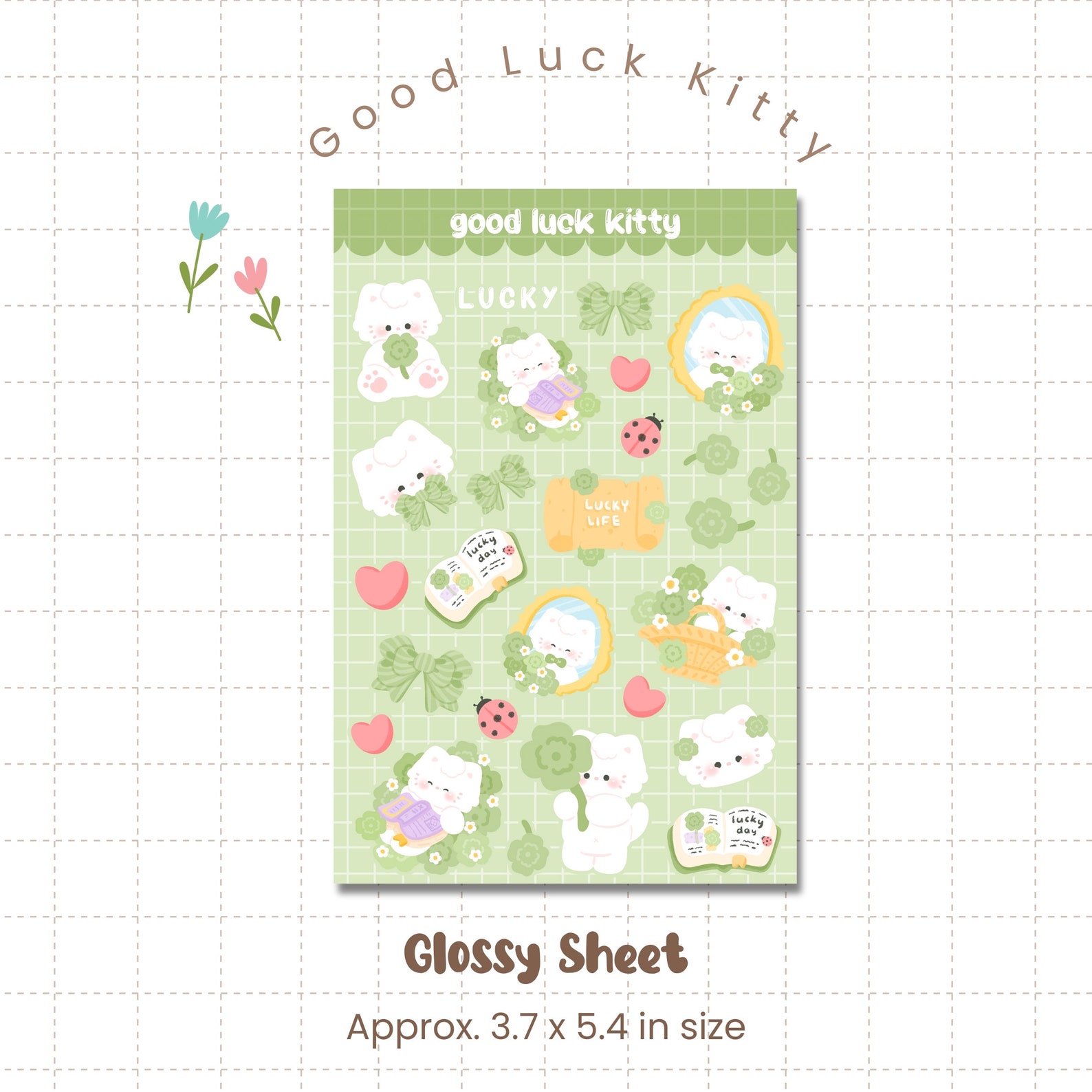 Lucky Kitty Sticker Sheet, Kawaii Cat Sticker Sheet, Green Journal ...