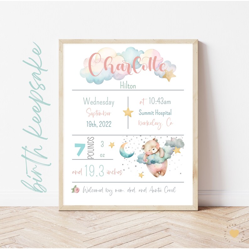 Editable Bear Birth Information Sign, Printable Newborn Birth Stat ...