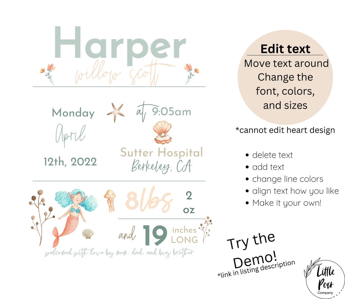 Mermaid Printable Birth Stat Sign, Mermaid Birth Info Stat Sign ...