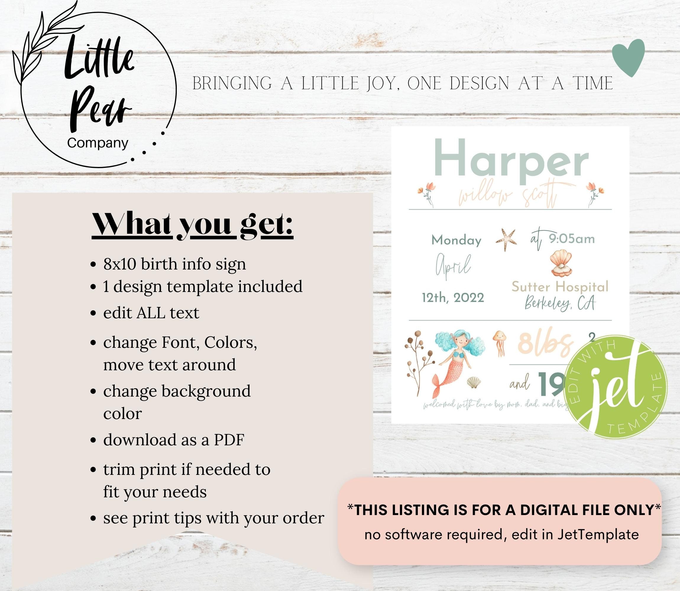 Mermaid Printable Birth Stat Sign, Mermaid Birth Info Stat Sign ...