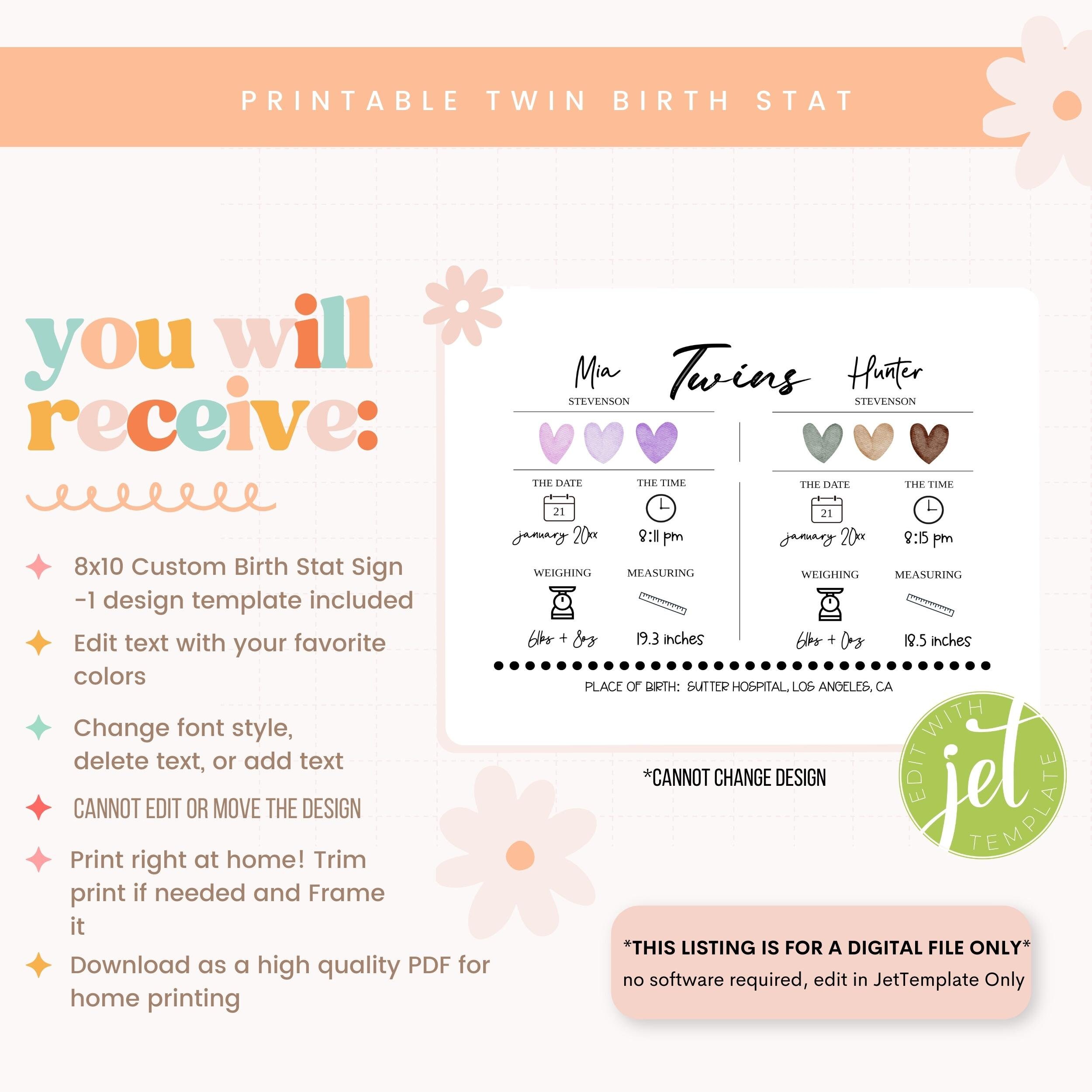 Twin Birth Stat Sign, Printable Newborn Stat Sign, Twin Birth Sign ...