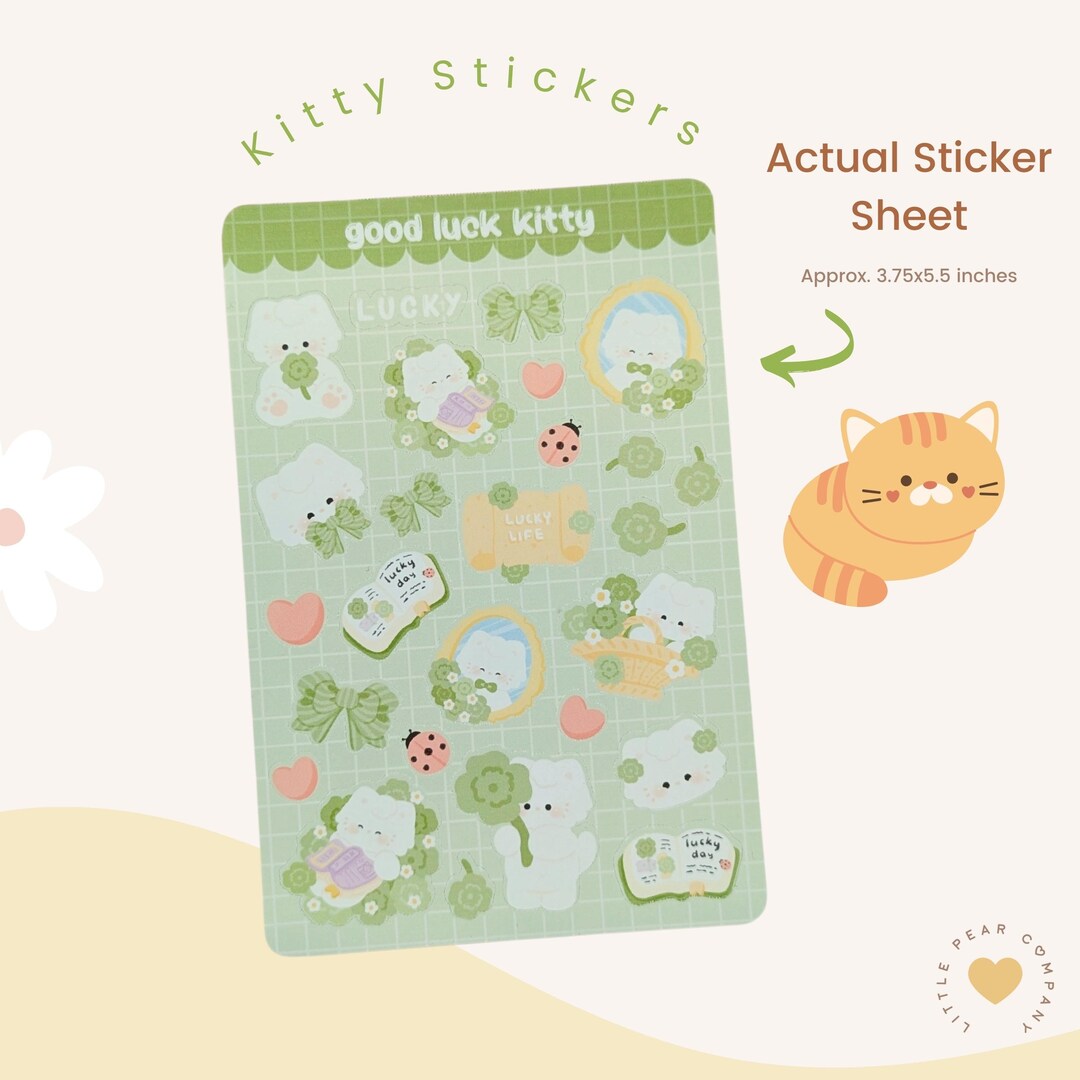 Lucky Kitty Sticker Sheet, Kawaii Cat Sticker Sheet, Green Journal ...