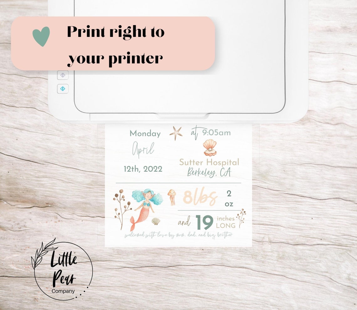 Mermaid Printable Birth Stat Sign, Mermaid Birth Info Stat Sign ...