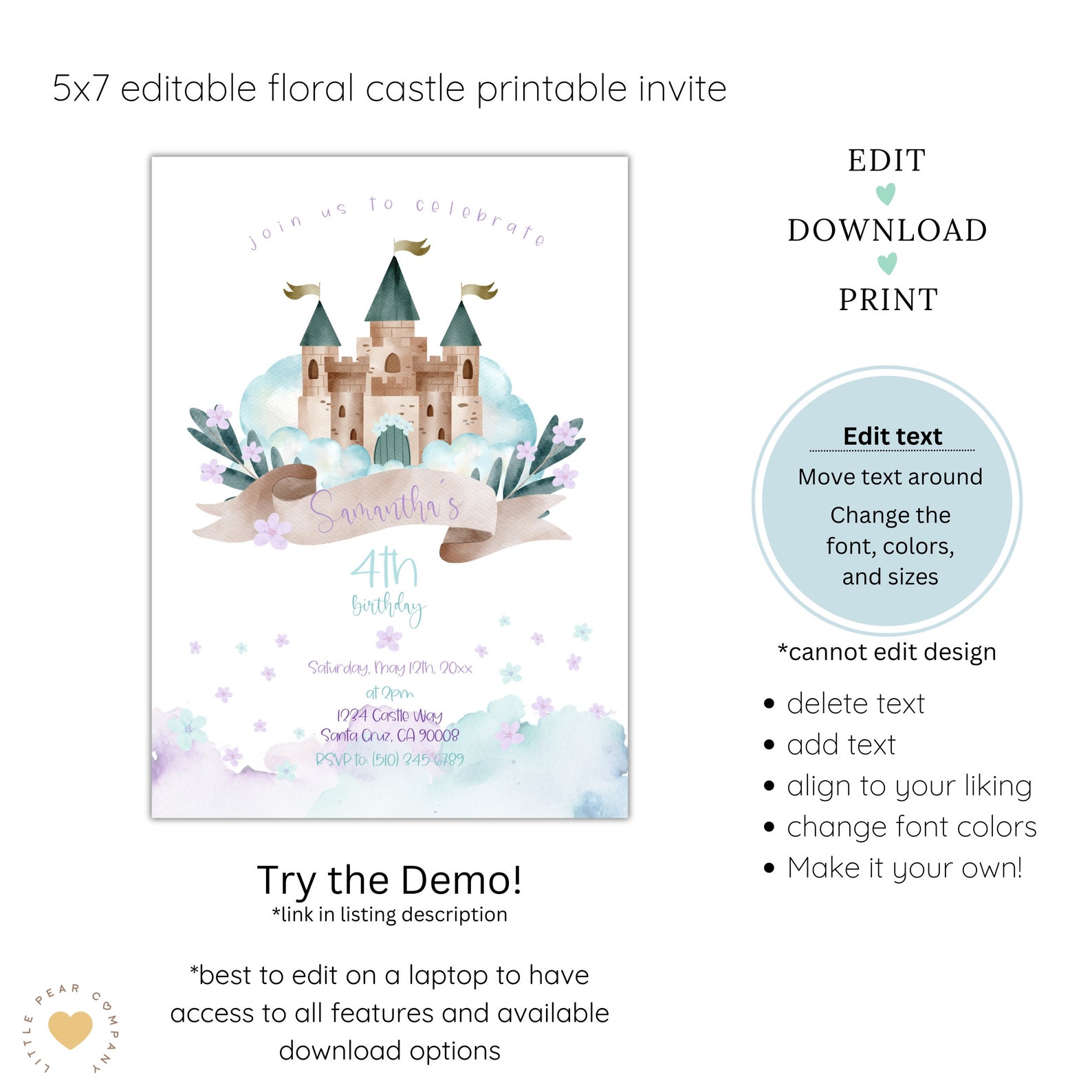 Castle Birthday Invitation, Printable Princess Party Invite, Editable ...
