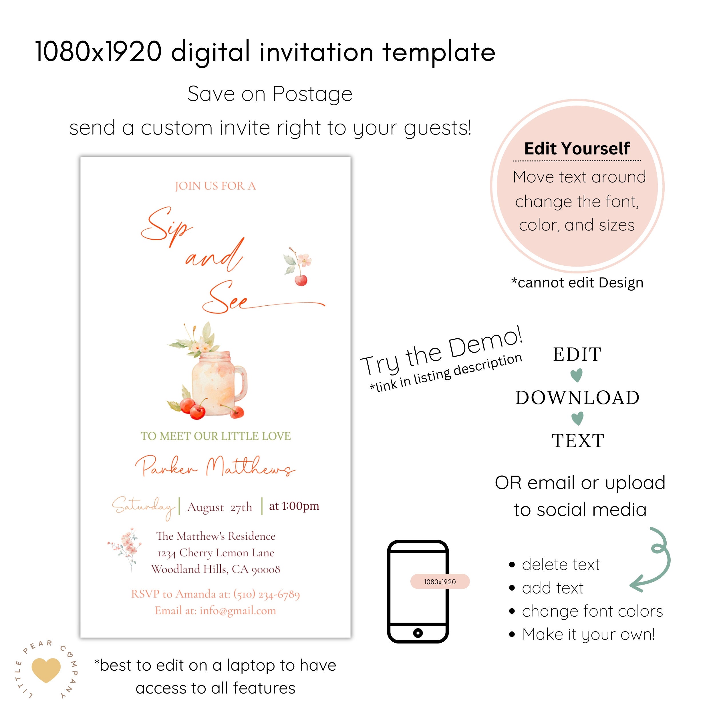 Editable Sip and See Digital Party Invitation, Meet the Baby Evite - Etsy
