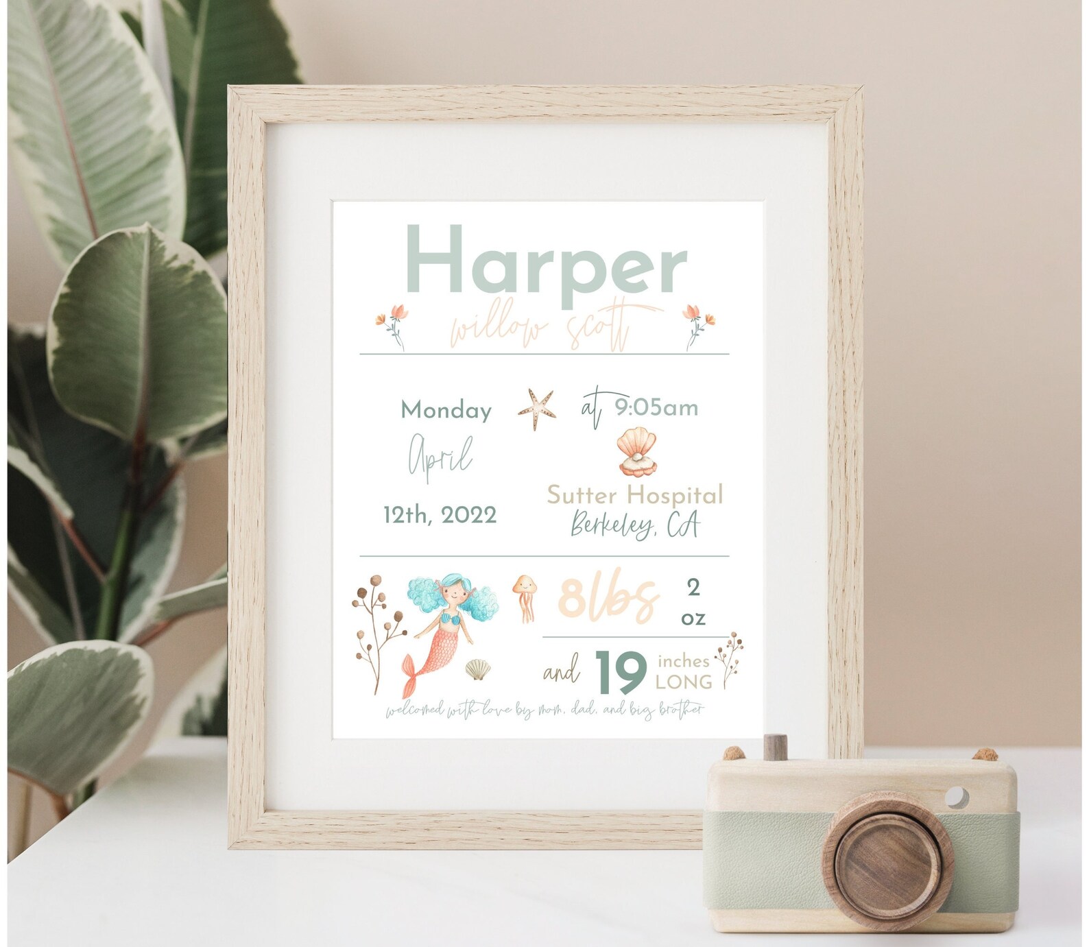 Mermaid Printable Birth Stat Sign, Mermaid Birth Info Stat Sign ...