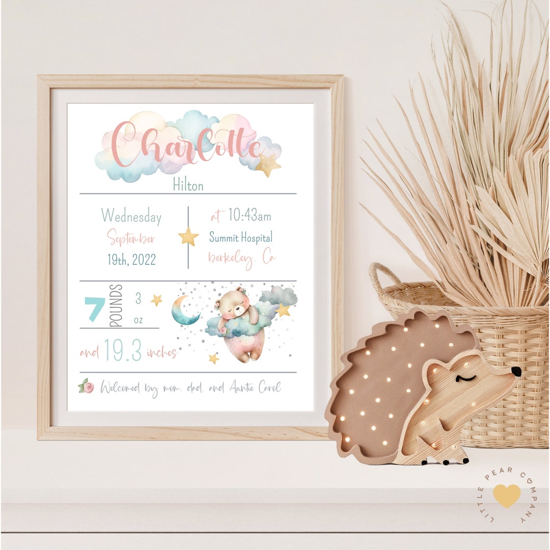 Editable Bear Birth Information Sign, Printable Newborn Birth Stat ...