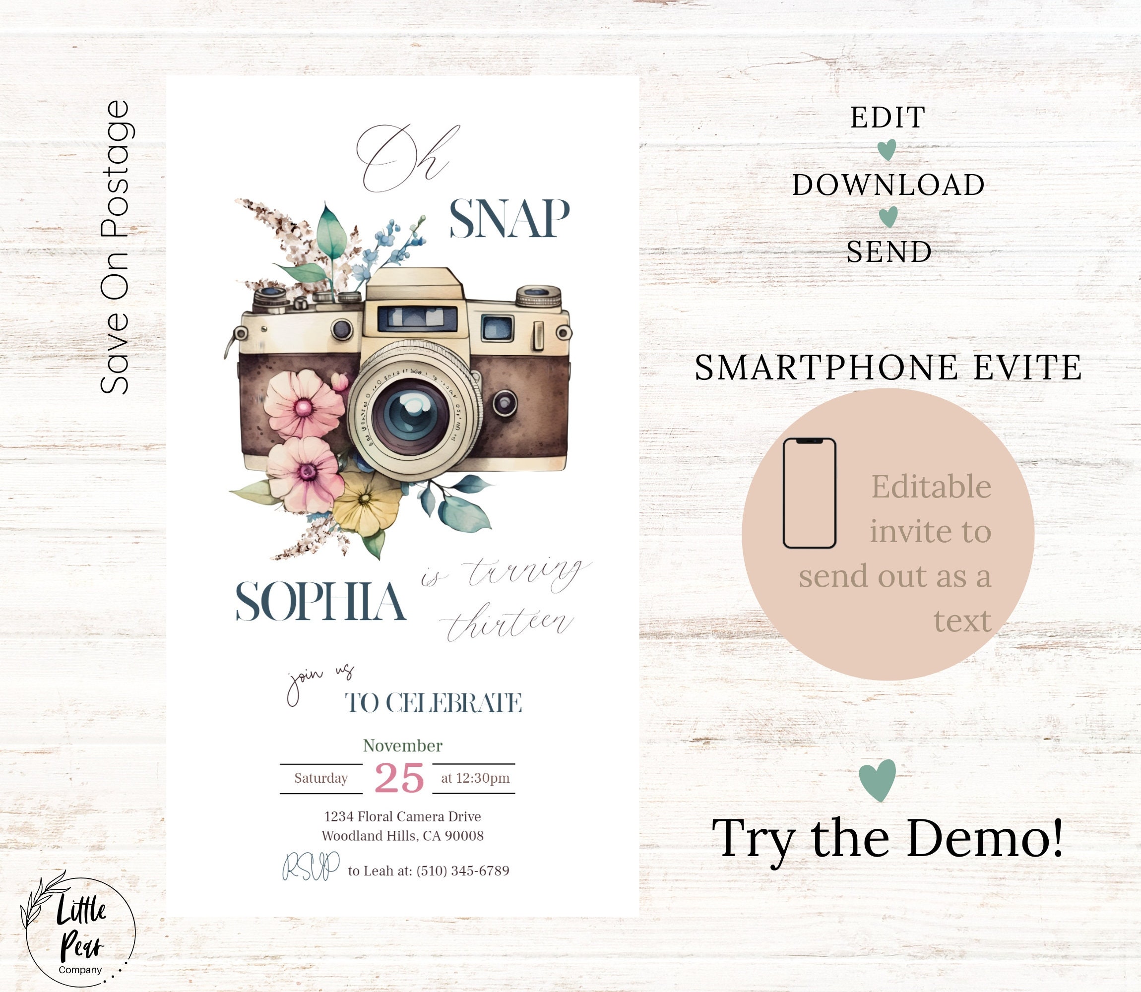 Editable Oh Snap Birthday Invite, Photo Birthday Party Evite Vintage Camera Photography ...