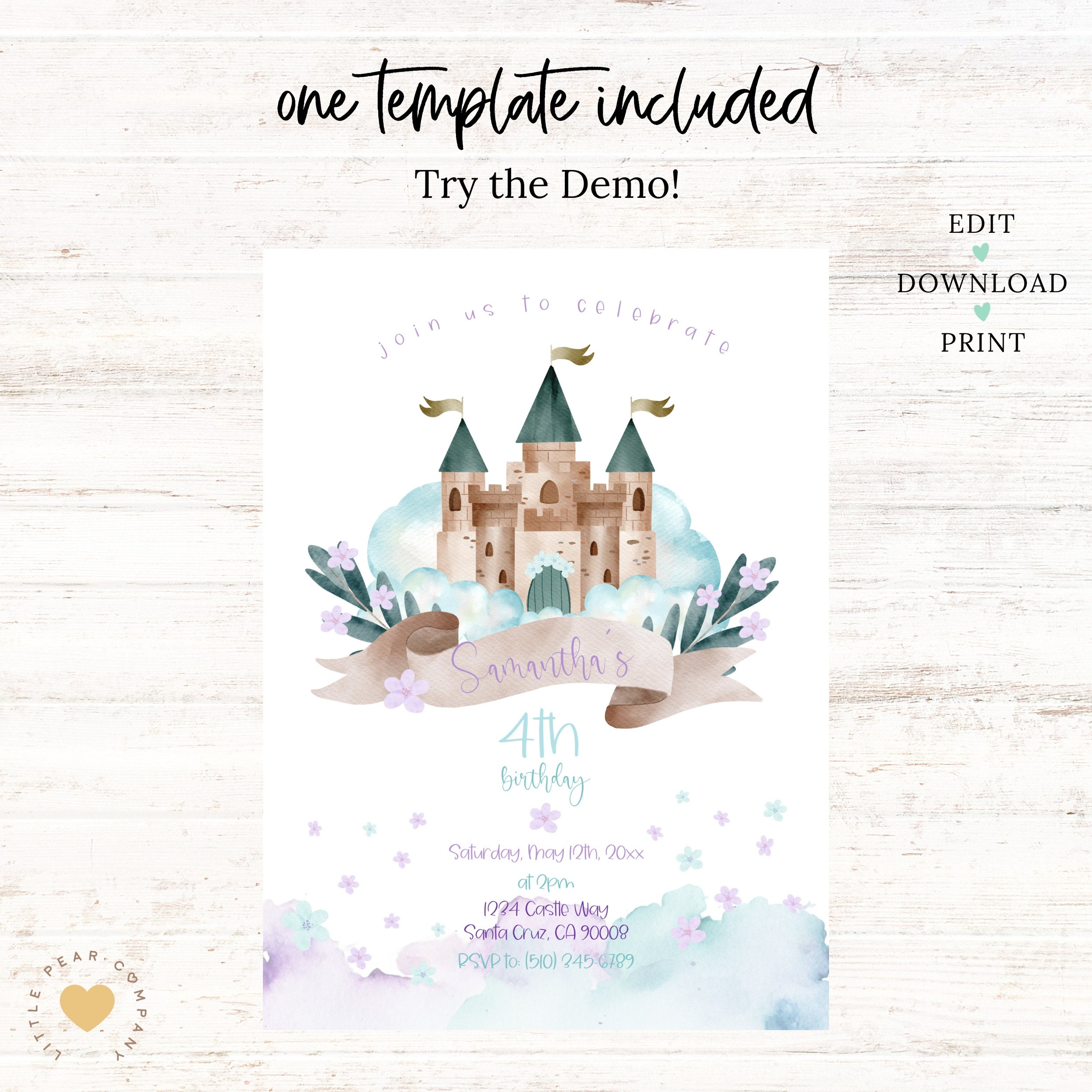 Castle Birthday Invitation, Printable Princess Party Invite, Editable ...