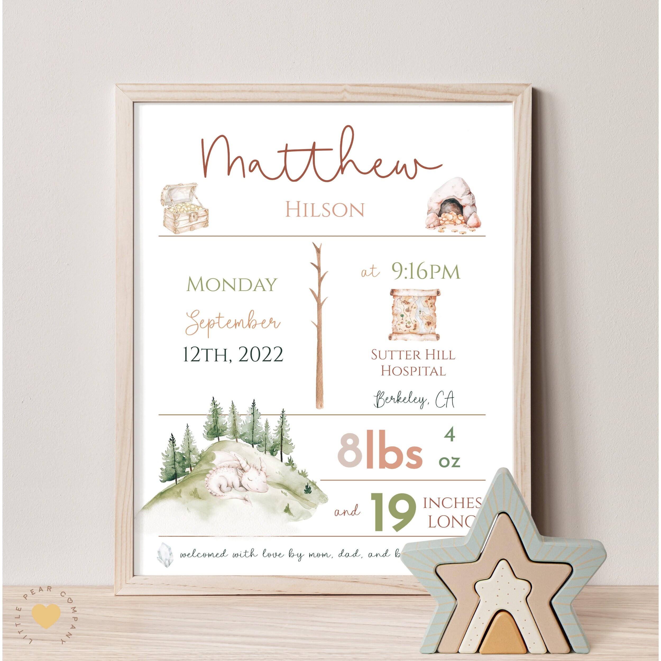 Dragon Newborn Baby Birth Information Stat Sign, Woodland Forest Birth ...