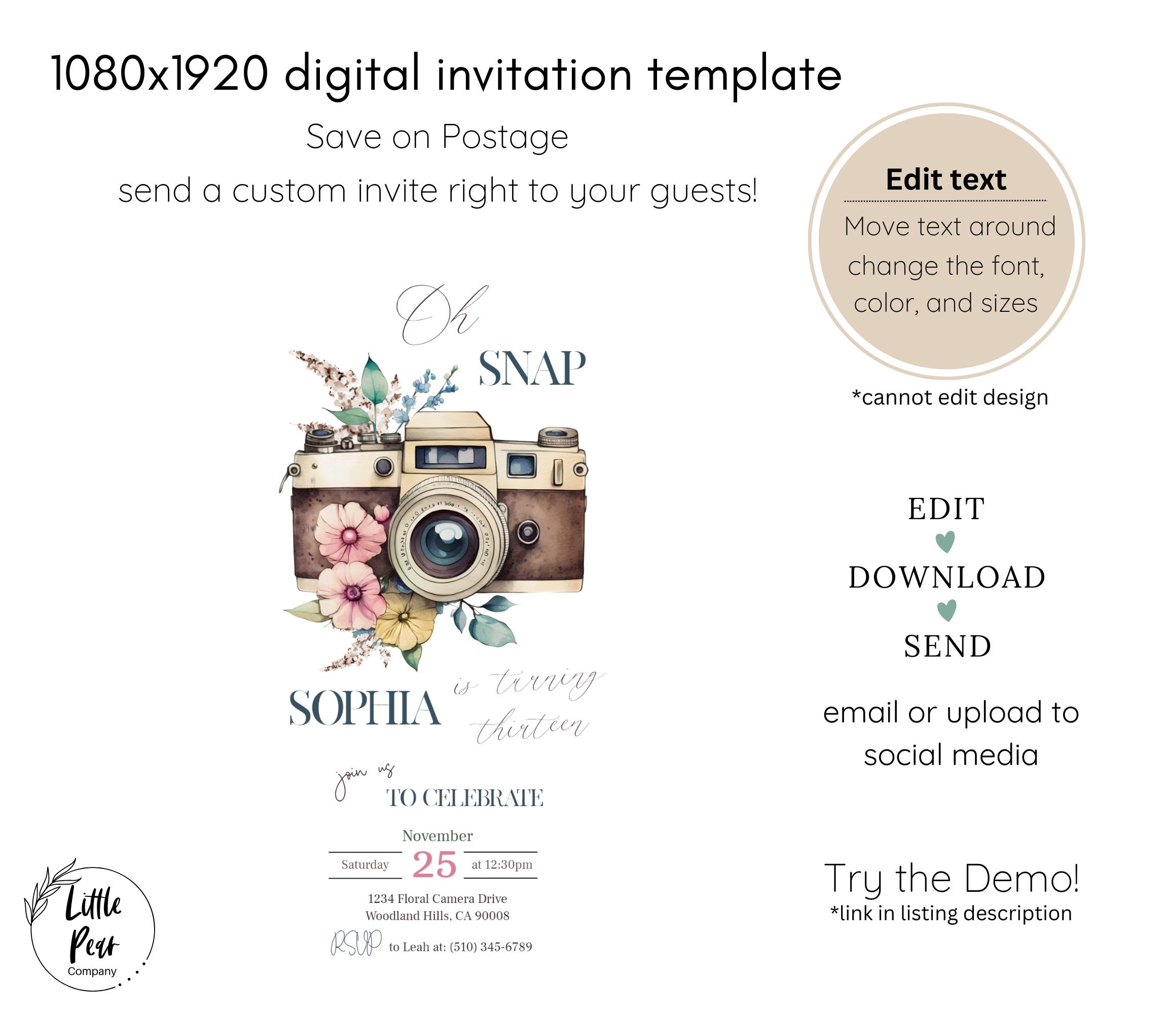 Editable Oh Snap Birthday Invite, Photo Birthday Party Evite Vintage Camera Photography ...