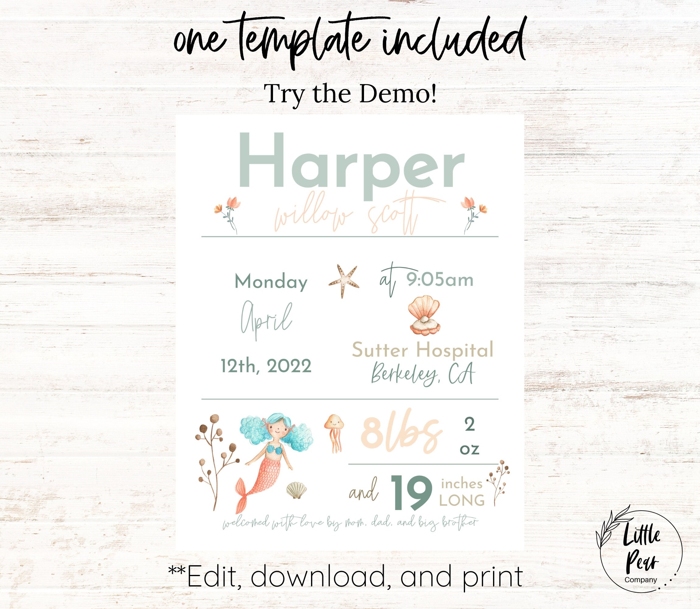 Mermaid Printable Birth Stat Sign, Mermaid Birth Info Stat Sign ...