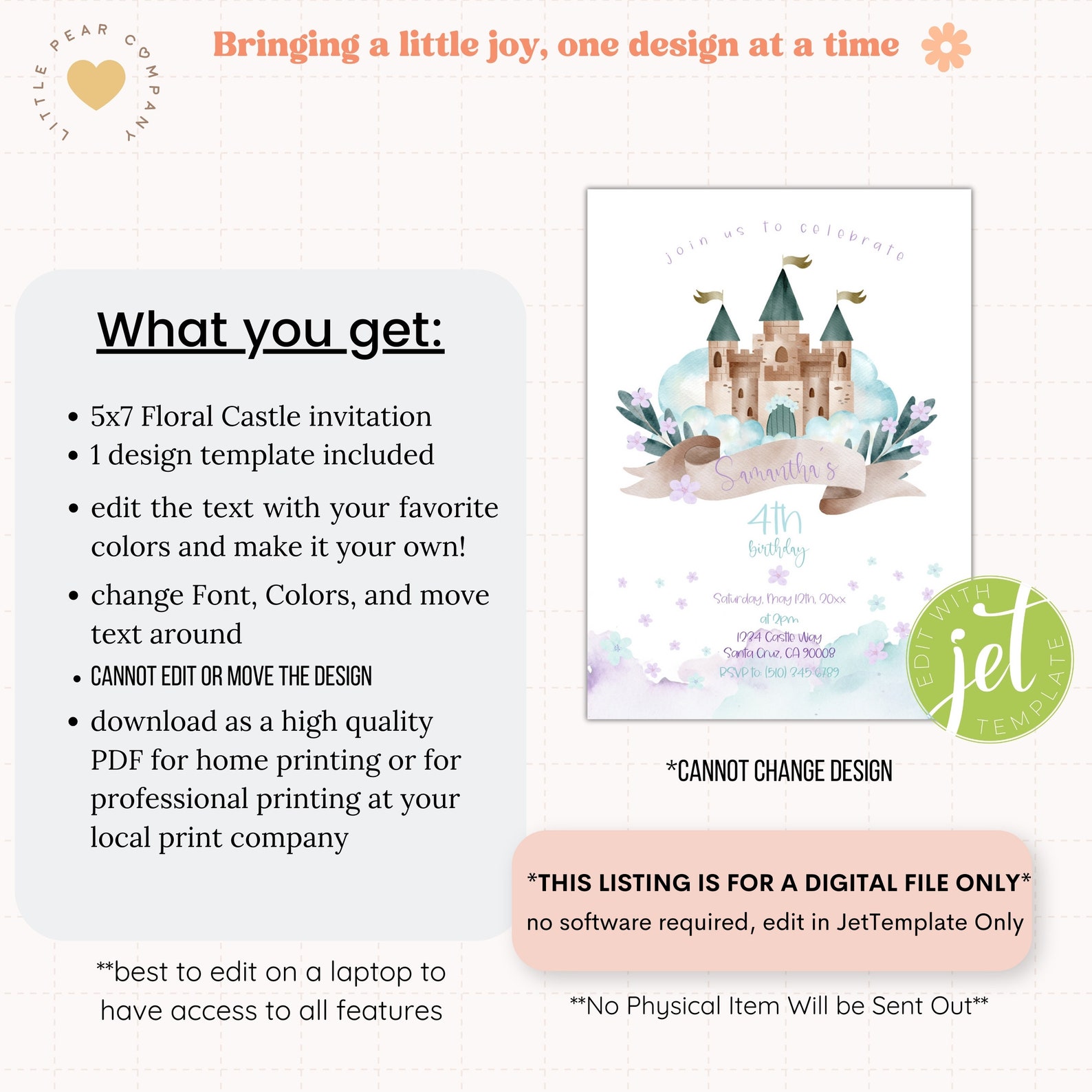 Castle Birthday Invitation, Printable Princess Party Invite, Editable ...