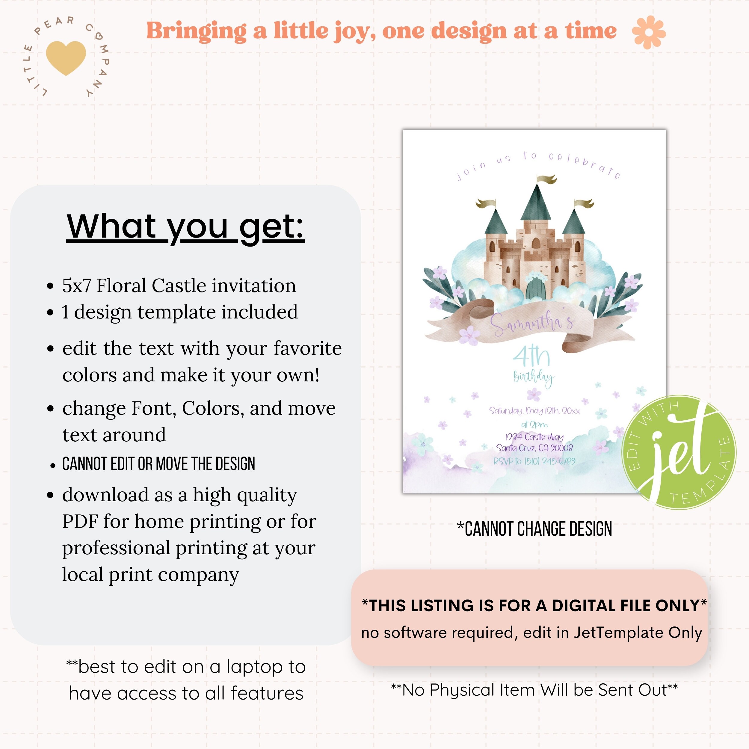 Castle Birthday Invitation, Printable Princess Party Invite, Editable ...