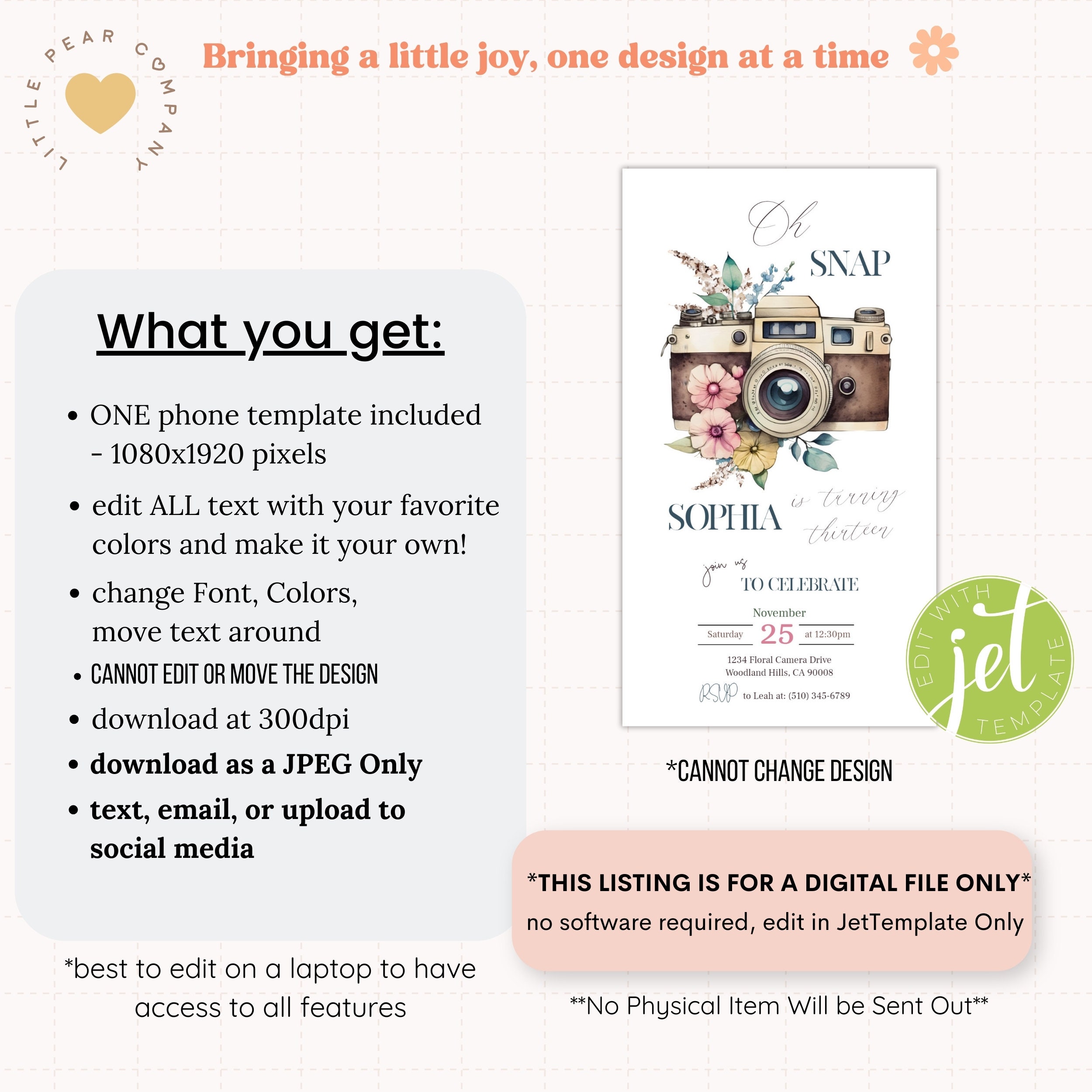 Editable Oh Snap Birthday Invite, Photo Birthday Party Evite Vintage ...