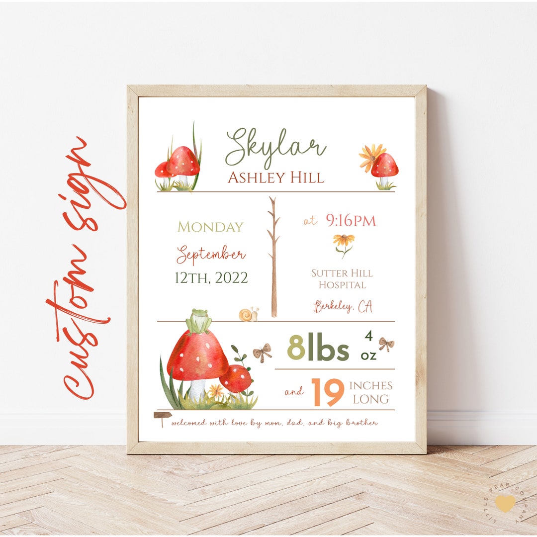 Mushroom Forest Printable Baby Stat Sign, Red Toadstool Newborn Birth ...