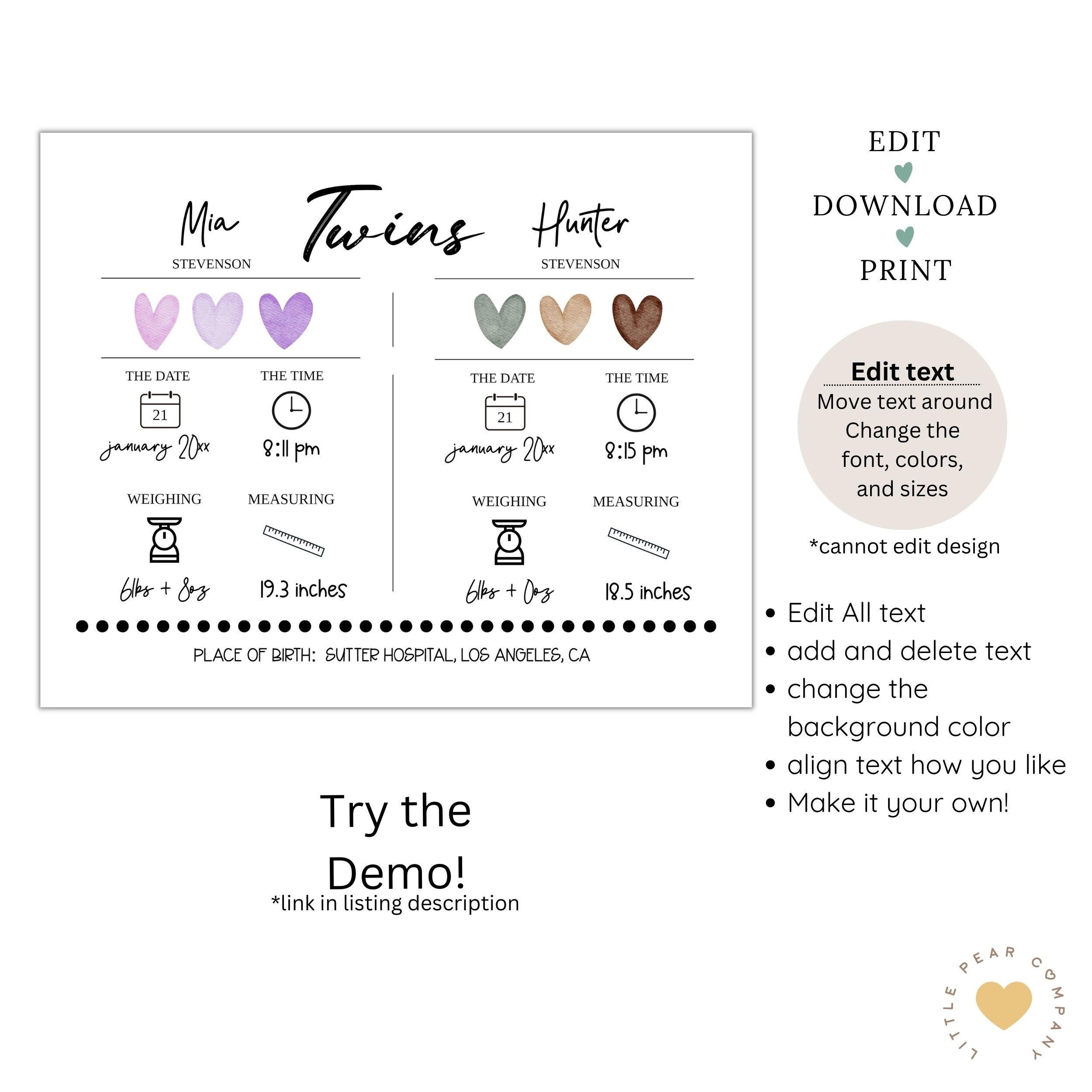 Twin Birth Stat Sign, Printable Newborn Stat Sign, Twin Birth Sign ...