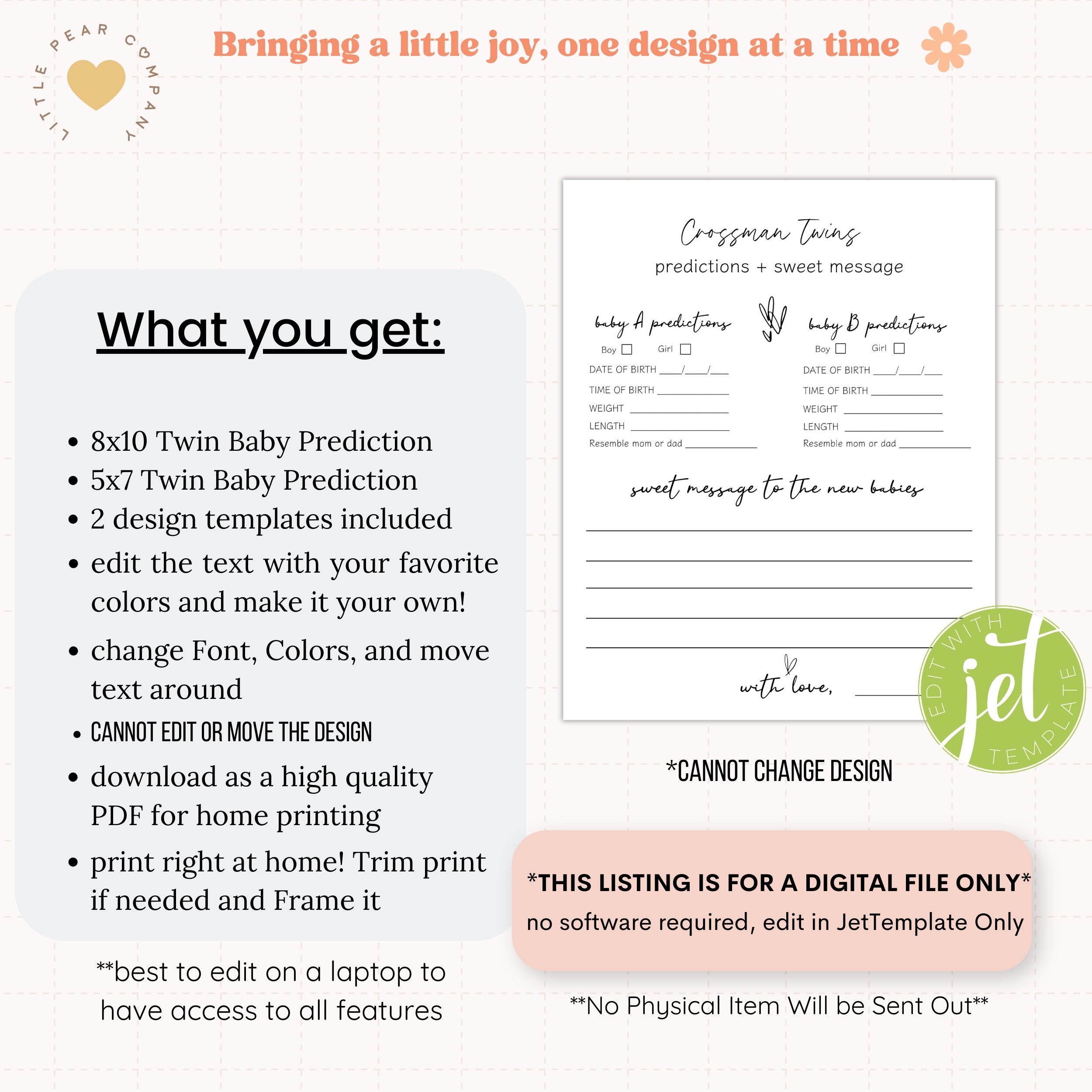 Twin Prediction Activity Sheet, 8x10 Twin Baby Prediction Game, Baby ...