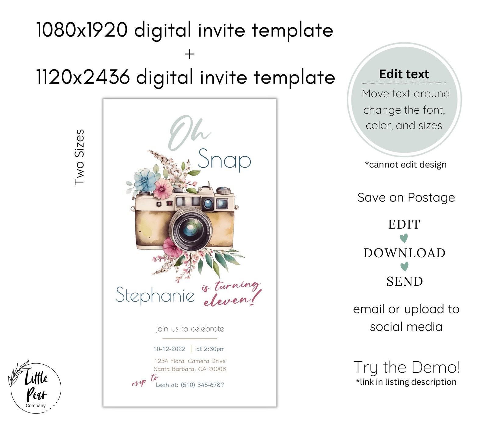 Oh Snap Invitation, Vintage Camera Invite, Teen Camera Party, Tween ...