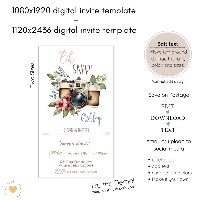 Vintage Camera Birthday Party Invitation, Oh Snap Photography Birthday Evite Teen Photo Party ...