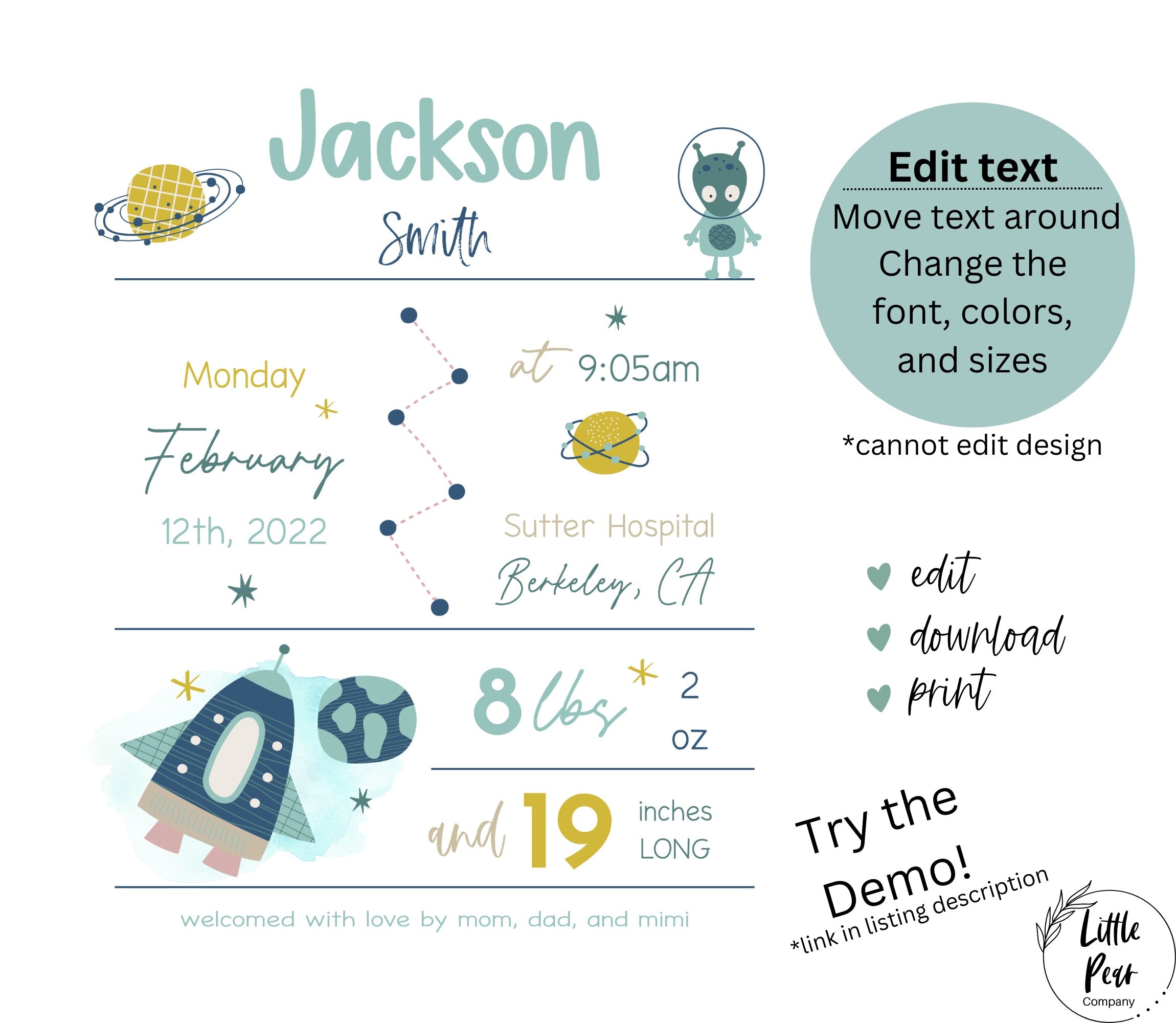 Space Birth Announcement Sign, Printable Baby Birth Sign, Editable ...