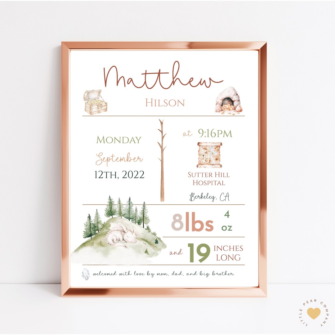 Dragon Newborn Baby Birth Information Stat Sign, Woodland Forest Birth ...