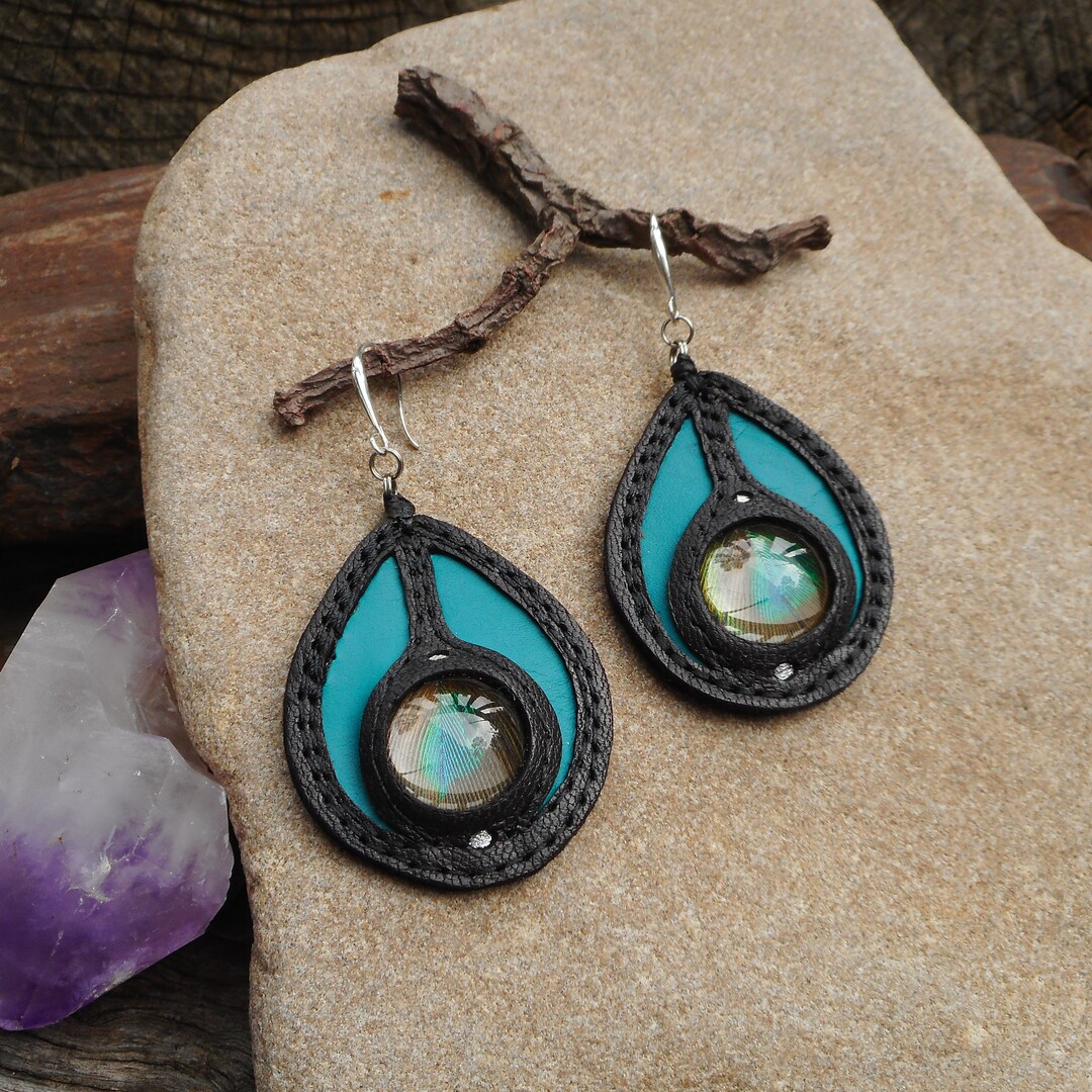 Peacock Feather Dangle Earrings Tear Drop Earring With Magnified ...