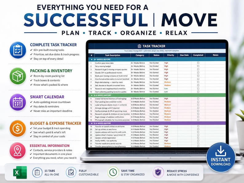 Moving Planner Pro Excel Spreadsheet, Relocation Checklist, Packing ...